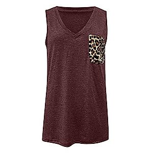 wodceeke Women's Tank Tops With Leopard Print Pocket Sleeveless V-neck Loose Vest Summer Casual Tee Top (Brown, XL)