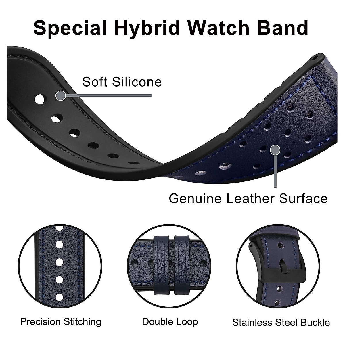 Anbeer Leather Silicone Hybrid Wacth Bands 20mm 22mm Genuine Leather and Rubber Watch Strap for Men and Women