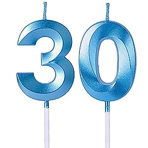 Blue 30th Birthday Candles for Cakes, Number 30 3 Glitter Candle Cake Topper for Party Anniversary Wedding Celebration Decoration