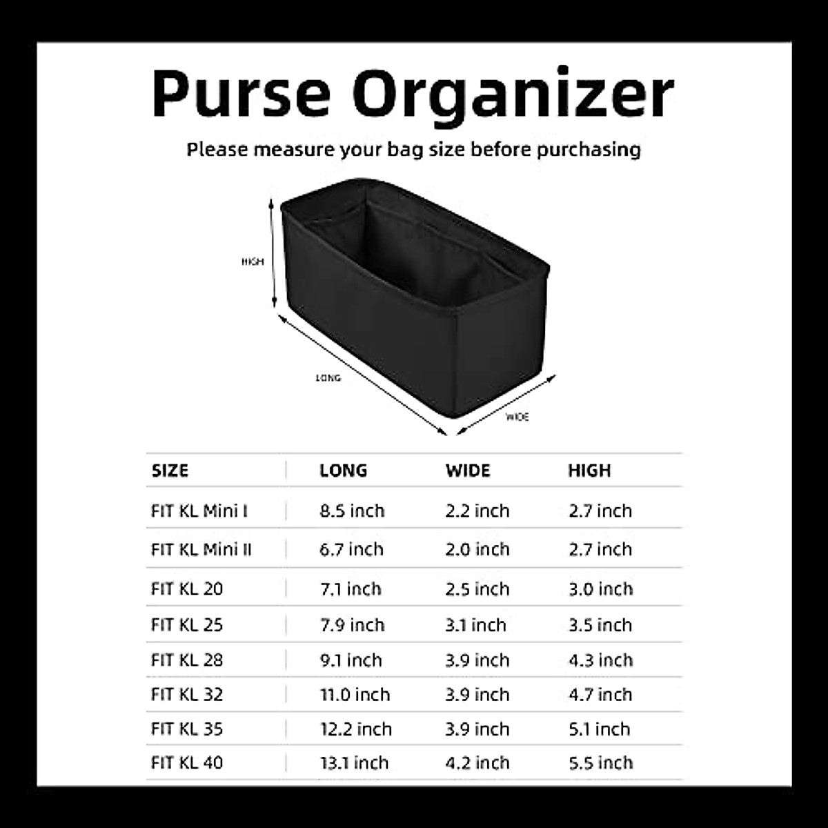 DGAZ Purse Bag Organizer Insert, Silk, Luxury Handbag Tote in Bag Shapers, Fits Kelly mini I/mini II /20/25/28/32/35/40 Bags (Black, KL25)