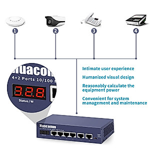 Huacomm 6-Port 10/100Mbps PoE Switch with 4 PoE Ethernet Ports | IEEE 802.3af/802.3at | Sturdy Metal | Plug-and-Play | Desktop | 65W PoE Budget | Unmanaged | HC1705P