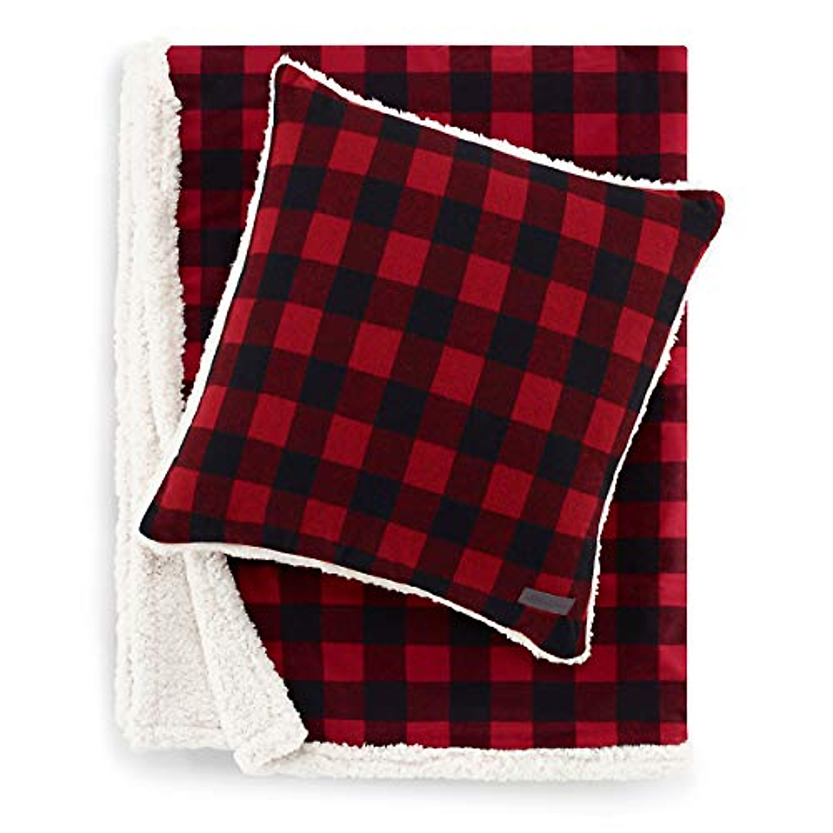 Eddie Bauer,Polyester Throw Blanket with Pillow Reversible Flannel/Sherpa Bedding Set, Buffalo Plaid Home Decor for All Seasons, 1 Count (Pack of 1), Red/Black Check