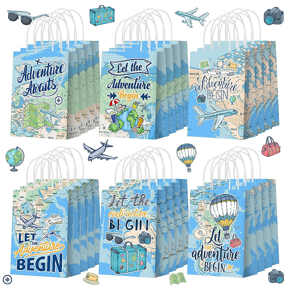 Yeaqee 24 Pcs Adventure Themed Party Favor Bags Adventure Gift Bags Blue World Map Paper Bags with Handle Travel the World Candy Treat Bags Gift Wrapping Bags for Weeding Birthday Party Favor