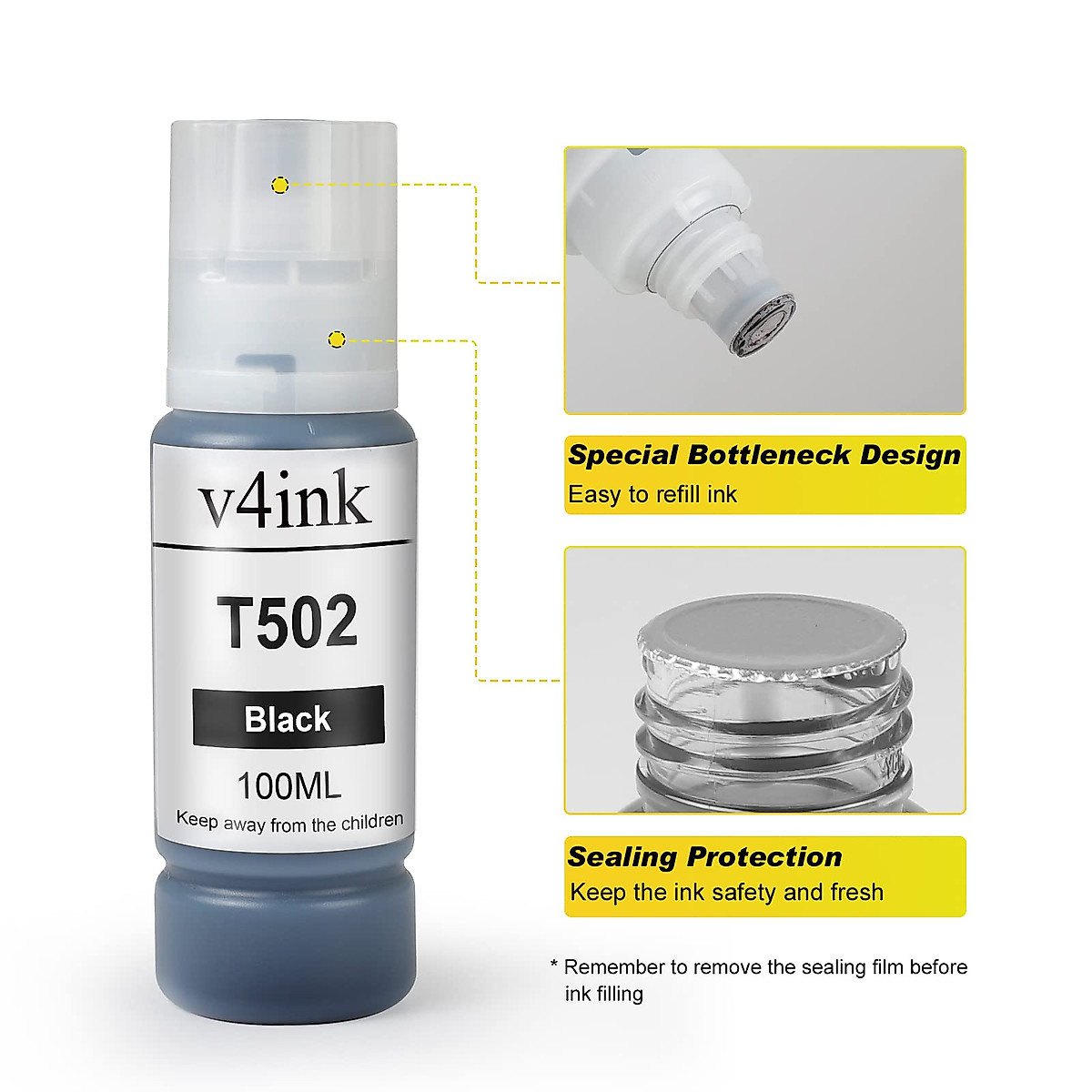 v4ink Compatible T502 Refill Ink Bottle Replacement for 502 T502 to use with Expression Ecotank ET-2700 ET-2760 ET-3710 ET-4750 ET-7700 ET-15000 ST-2000 ET-M1180 ET-M2120 L3060 L3156-4 Packs