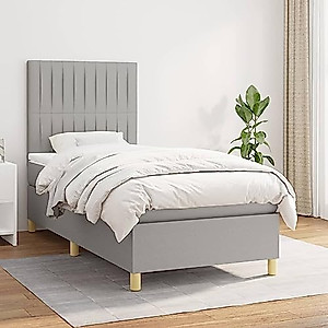 vidaXL Light Gray Twin XL Fabric Box Spring Bed with Mattress - Solid Larch Wood Constructed Frame - California Proposition 65 Compliant