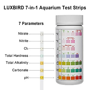 Luxbird 7 in 1 Aquarium Test Kit, Fish Tank Test Strips, 100 Strip Pack, Freshwater Aquarium Water Test Kit to Detect Nitrite Nitrate Chlorine Carbonate Total Alkalinity Hardness pH