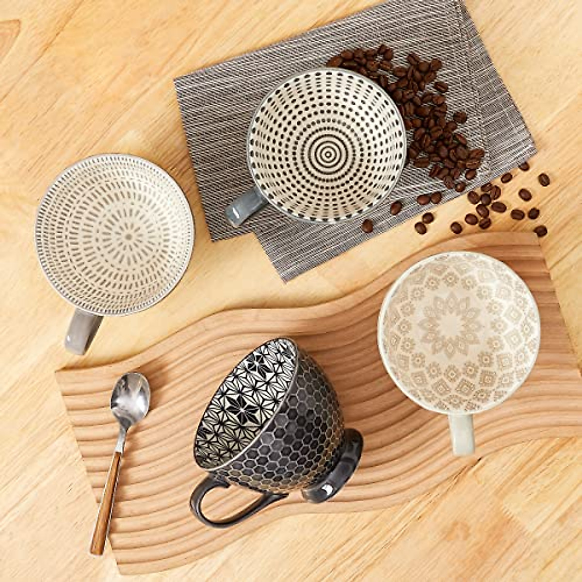 Signature Housewares Pad Print Set of 4 Ceramic Assorted Footed 14oz Mugs, PP Gray