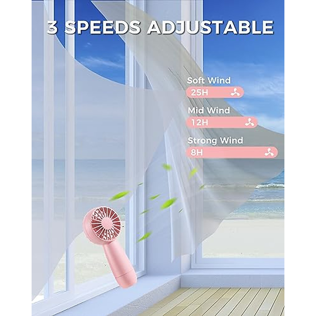 Handheld Fan Mini Portable Fan, 8-25 Hours Personal Hand Held Fan, USB Rechargeable Small Portable Fan, 3 Speeds Battery Operated Pocket Mini Fan, Powerful Makeup Eyelash Fan for Travel Indoor Outdoor