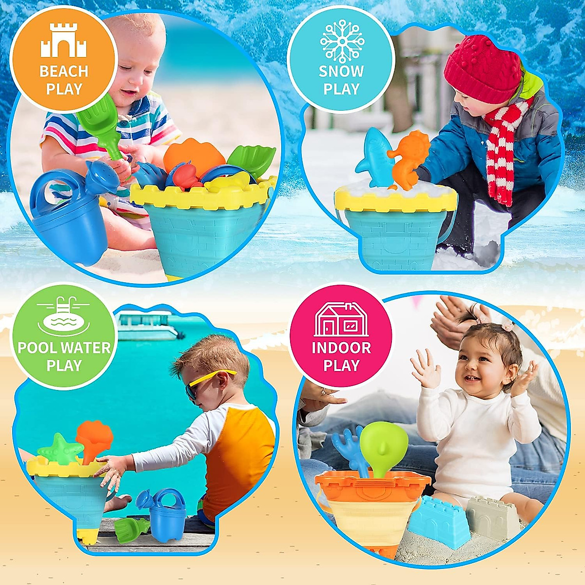 Elovien Beach Sand Toys Set, 24PCS Sandbox Toys with Mesh Backpack Bag Included 2 Foldable Buckets Pails, Sand Molds, Shovels, Rakes and Watering Can, Summer Outdoor Toys for Kids Toddlers Boys Girls