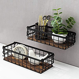 MyGift Wall Mounted or Tabletop Rustic Black Metal Wire and Burnt Wood Small Decorative Storage Baskets with Handles, Set of 2