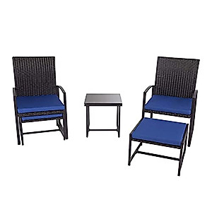 J-SUN-7 5-Piece Patio Furniture Conversation Set PE Rattan All Weather Cushioned Chairs Bistro Set with Ottoman and Glass Coffee Side Table for Balcony Porch, Dark Blue