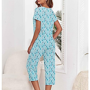 Women Summer Pajamas Soft Sleepwear Top with Capri Pants Ladies ShortSleeve Cotton Pajamas Sets Blue Butterfly Large