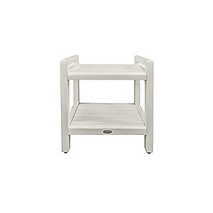 EcoDecors Coastal Vogue White Wash Eleganto 20" Teak Shower Stool with LiftAid Arms and Shelf