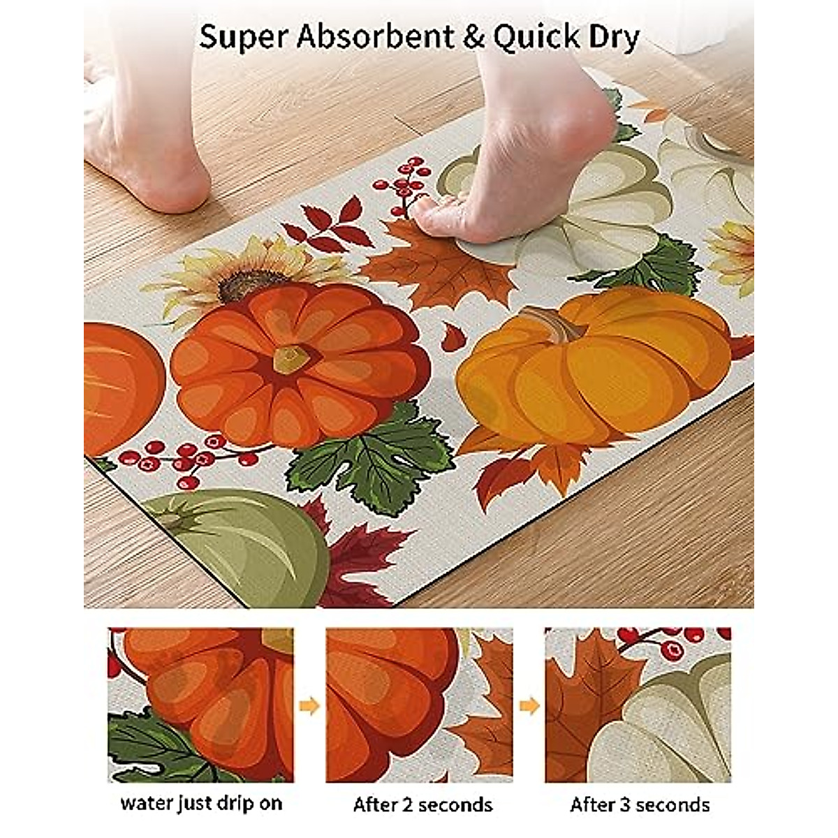 Bath Mat for Bathroom Non Slip Thanksgiving Pumpkin Sunflower Maple Leaves Autumn Diatomaceous Earth Bath Mats Highly Absorbent Door Mat Diatom Mud Washable Bathroom Mat for Tub Shower 18x30 Inch