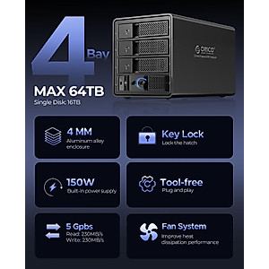 ORICO 4 Bay Hard Drive Enclosure Aluminum USB3.0 with Hard Drive Tray-Less Design, Build-in 80mm Cooling Fan and 150W Power Supply Max Up to 64TB, Designed with Safety Lock-9548