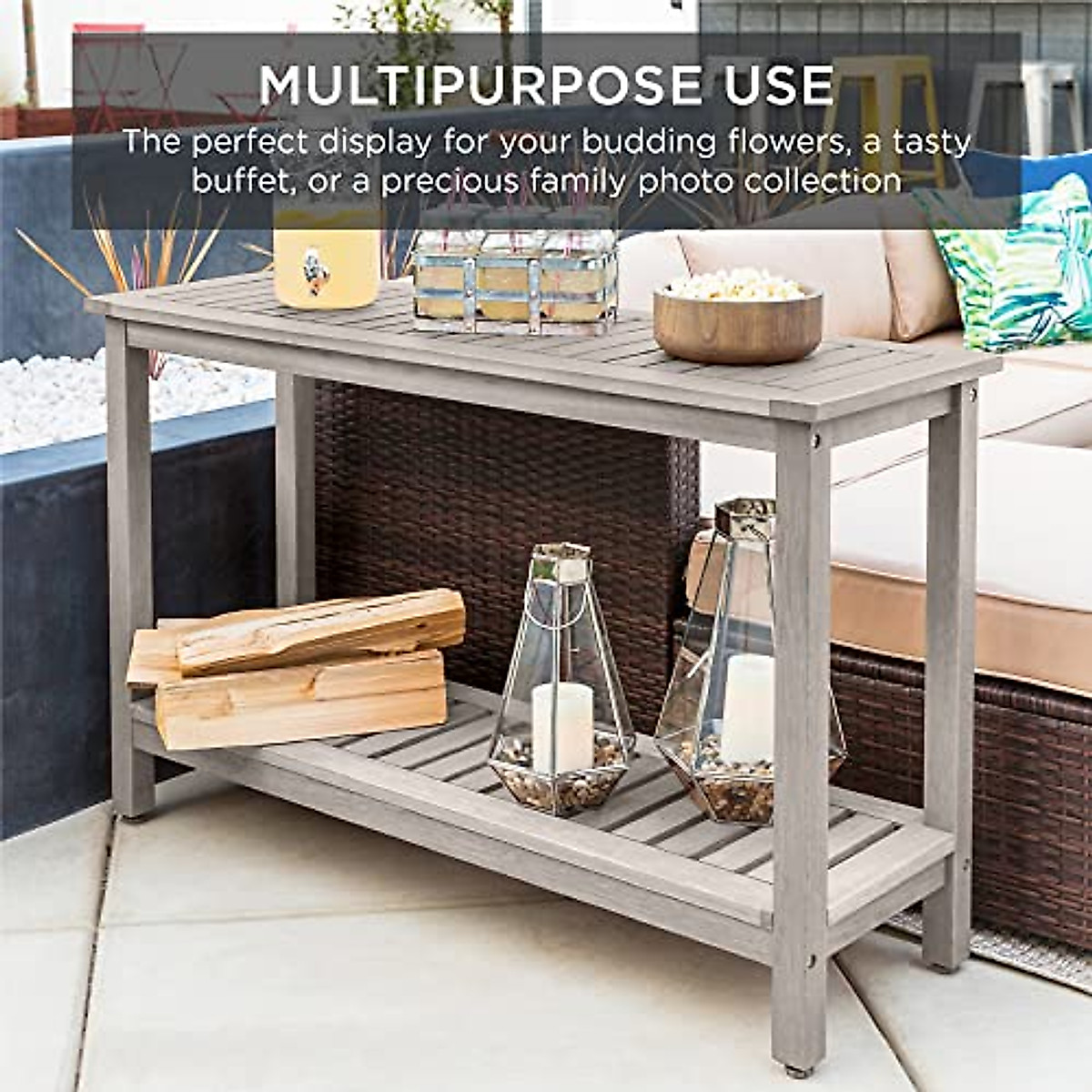 Best Choice Products 48in 2-Shelf Eucalyptus Wooden Console Table Indoor Outdoor Multifunctional Buffet Bar Storage Organizer w/Foot Sliders - Gray