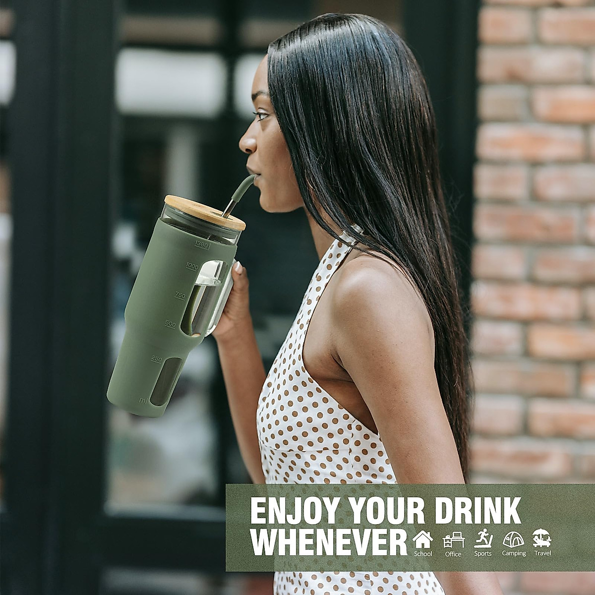 WINSA Glass Tumbler with Lid and Straw, 46 oz Iced Coffee Cup with Handle, Glass Water Bottles with Silicone Sleeve, Glass Cup with Straws - Pearl Straw & Drinking Straw BPA Free-Olive