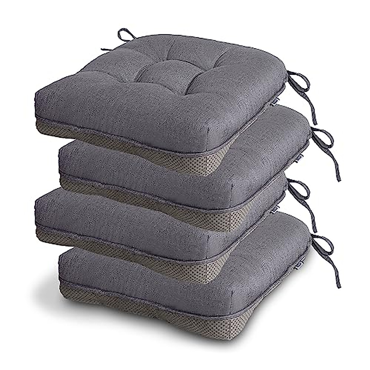 Millsilo Tufted Chair Cushions for Dining Chairs 4 Pack, 4" Thick Kitchen Chair Cushions with Ties and Non-Slip Backing, U-Shaped Indoor Chair Pads, Comfy 60D Foam Seat Cushion 15.5" X 15.5", Gray