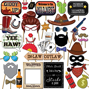 Western Photo Booth Props - 41-pc Photo Prop Kit with 8 x 10-Inch Sign, 60 Adhesive Pads, 45 Sticks - Photo Booth Props Country Theme - Wild West Photo Props