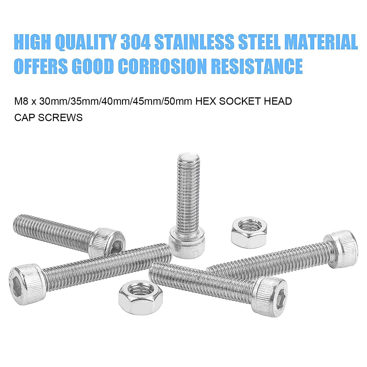DYWISHKEY 50 Pieces M8 x 30mm/35mm/40mm/45mm/50mm Stainless Steel 304 Hex Socket Head Cap Bolts and Nuts Kit