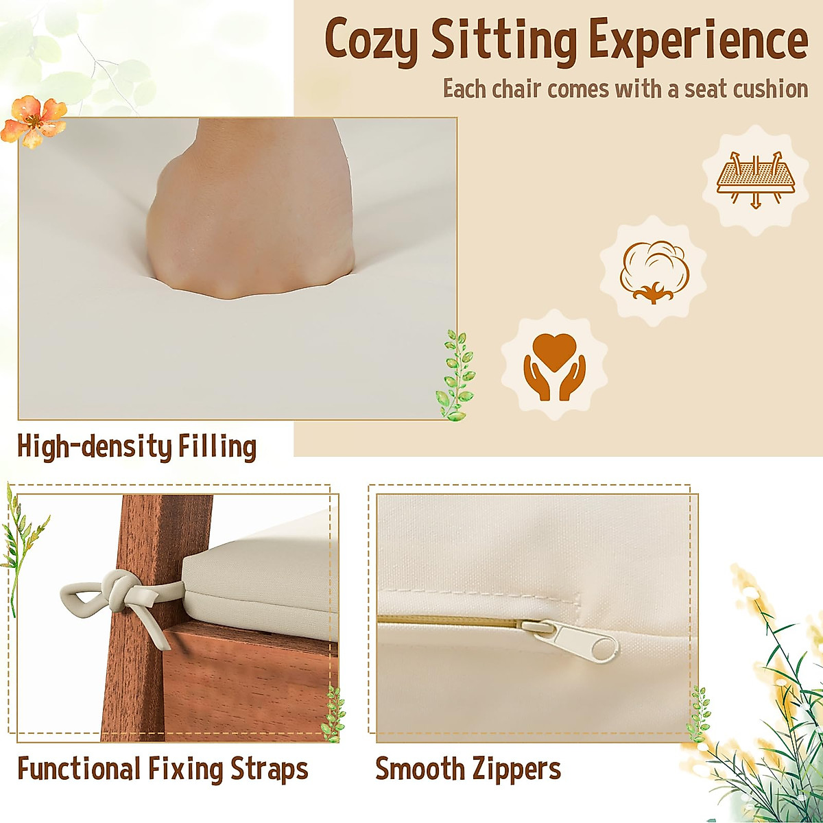 HAPPYGRILL Outdoor Dining Chair Set of 2, Patio Solid Wood Chairs with Comfortable Cushions, Breathable Slatted Seat, Outside Wood Armchairs for Balcony Porch Poolside