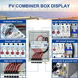 Pikasola PV Combiner Box, 6 String Solar Combiner Box with 15A LED Fuse, Lightning Arreste and 63A Air Circuit Breaker，Combiner Box for Solar Panel On/Off Grid System, IP65 Water Resistant