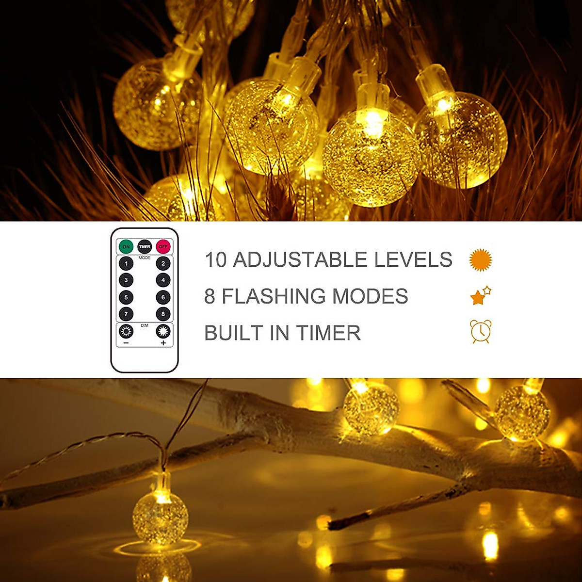 Metaku Globe String Lights Fairy Battery Operated 26ft 60LED with Remote Waterproof Indoor Outdoor Hanging Decorative Christmas for Home Party Patio Garden Wedding