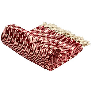 Hand-Woven Cotton Knit Throw Blanket - 100% Cozy Farmhouse Cotton Chevron – Cherry Red & White - Reversible with Tassels for Couch - Home Decor Furnishing Bed Chair Sofa Couch Gifts (65 x 52 Inch)