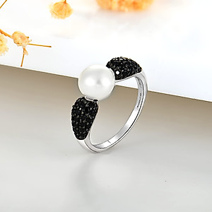 JO WISDOM Pearl Ring,925 Sterling Silver Black Cubic Zirconia Women's Rings with 8mm White Freshwater Cultured Pearl Ring size 8