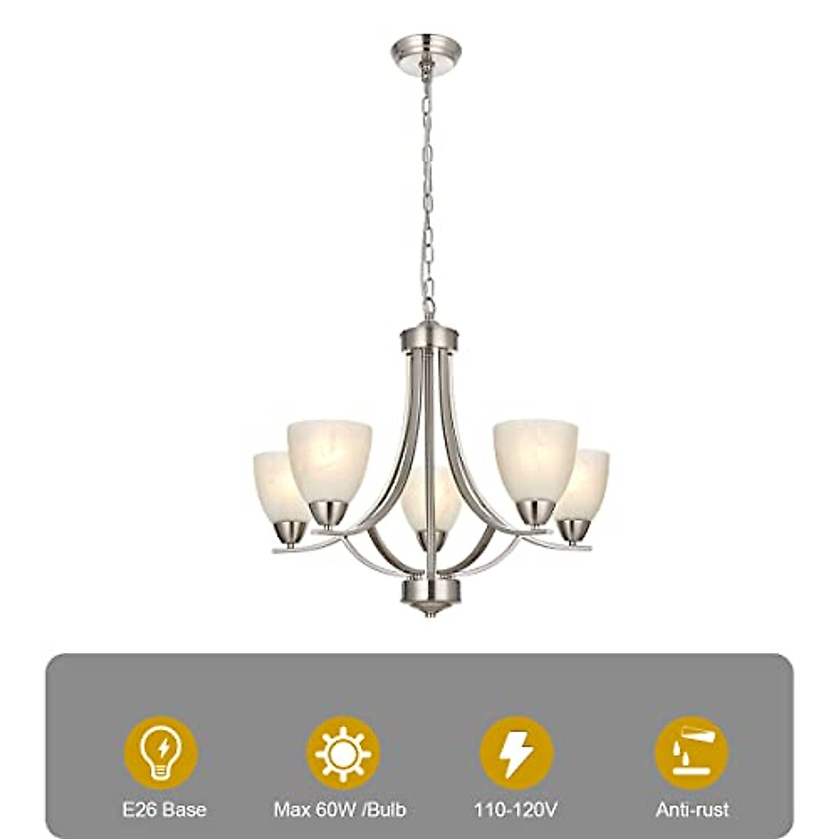 BONLICHT 5 Light Transitional Chandeliers Brushed Nickel Contemporary Dining Room Light Fixtures Ceiling Hanging Modern Pendant Lighting with Alabaster Glass Shade for Living Room Bedroom Foyer Hotel