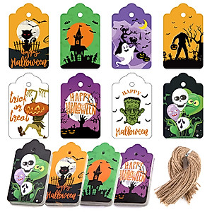 Koogel 120PCS Gift Tags, Halloween Paper Tags Bulk Halloween Theme Tags with Strings for Hanging Decoration Halloween Party Candy Bag