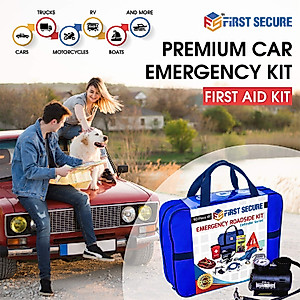 FIRST SECURE 90 Piece Car Emergency Roadside Kit Tool Set w/Safety Kit for Women & Men - Essential Safety & Survival Assistance Kit for Travel, Camping, Road Trip, Truck, SUV