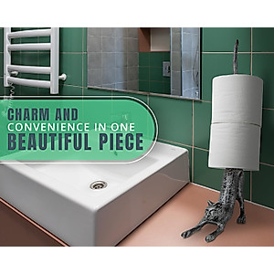 Yoga Cat Decorative Paper Towel Holder or Toilet Paper Holder by Comfify - Adorable Downward Dog Pose Kitty- Cast Iron Paper Towel Stand - Antiqued Cast Iron White Color - 19" - Silver with Black