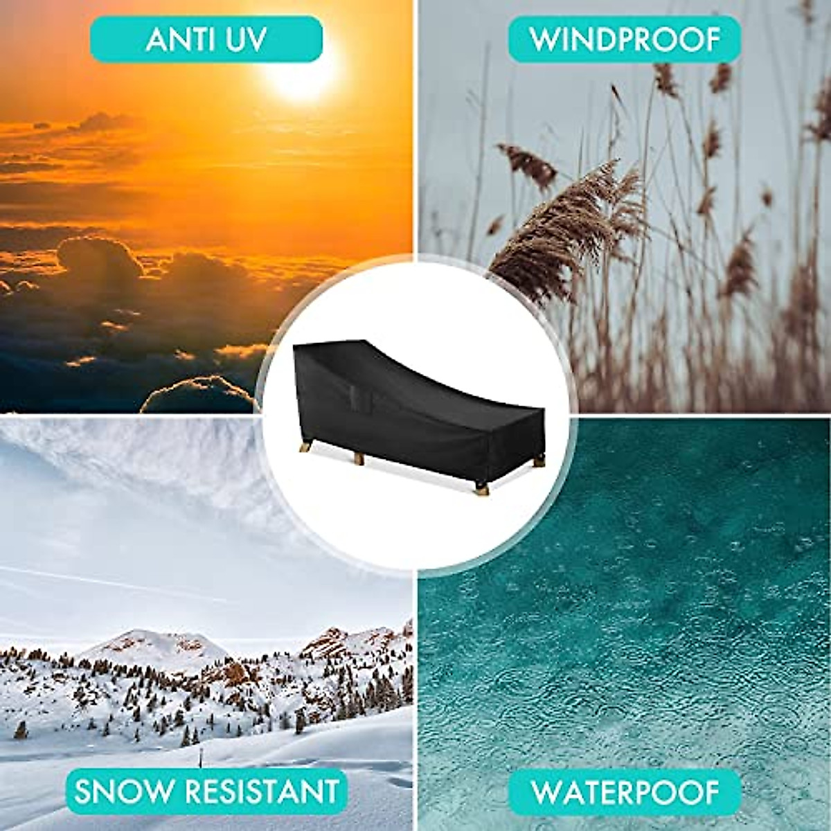 Alomejor Garden Chair Cover Waterproof Anti Rust Chaise Lounge Chair Protective Cover Oxford Fabric Outdoor Furniture Cover with Storage Bag(210D Outer Black&Inner Silver)