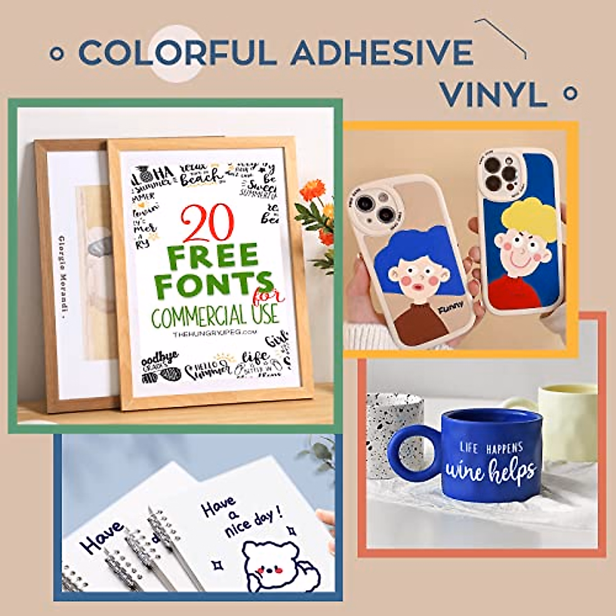 HTVRONT Permanent Vinyl for Cricut, 12" x 5ft Permanent Adhesive Vinyl Rolls, 8 Colors Adhesive Vinyl Rolls for Cricut, Silhouette, Cameo Cutters, Signs, Scrapbooking, Craft, Die Cutters