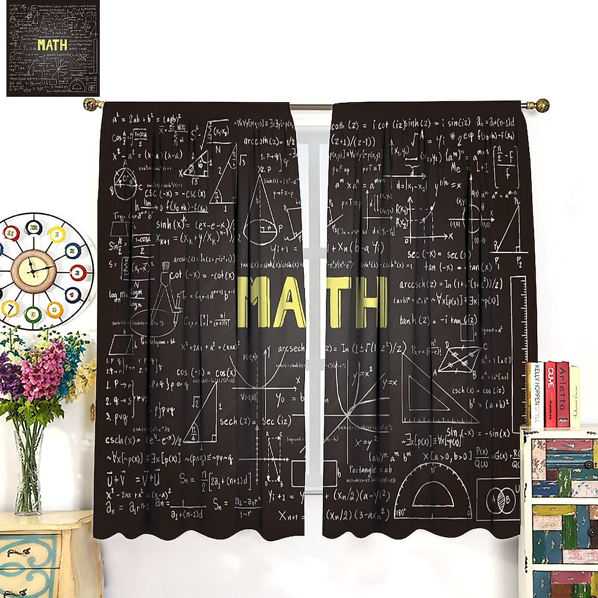 Mathematics Room Curtains, Dark Blackboard Backdrop with Math Equations Geometry Axis Art Blackout Rod Pocket Curtains for Classroom Study Bedroom Living Room Window Drapes 42x63in