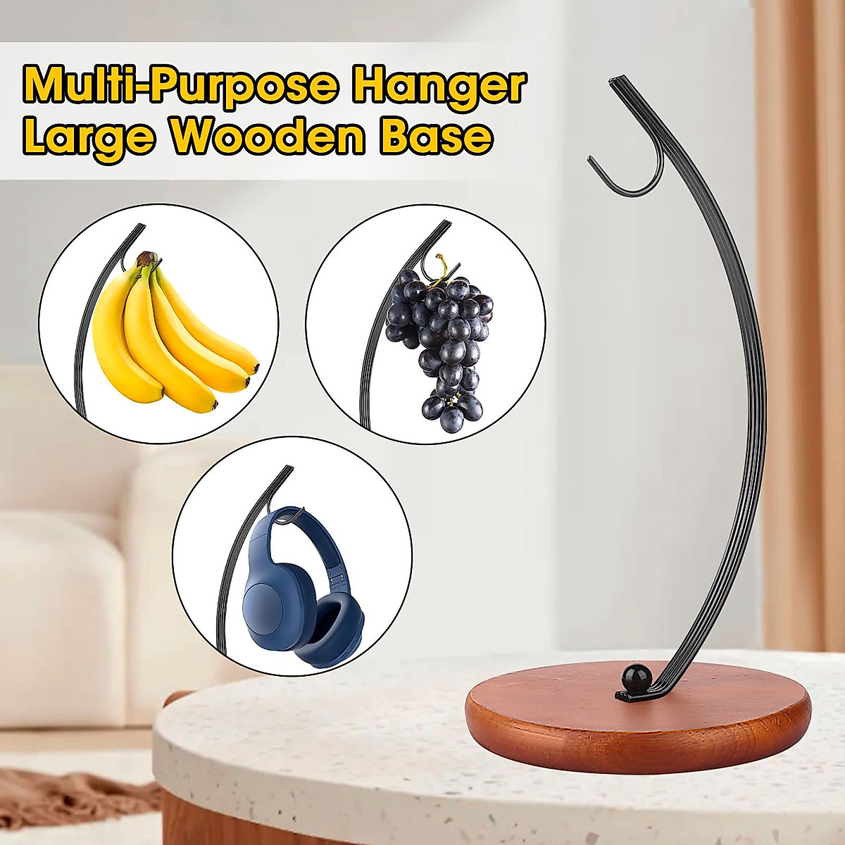 HOMKULA Banana Holder Stand - Fruit Bowl, Modern Banana Hanger, Banana Tree Hanger with Bold Stainless Steel & Thickened Wood Base, Banana Rack for Kitchen Counter (Black V1)