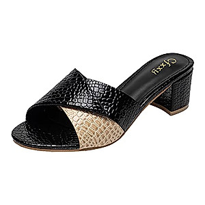 Elegant Ladies Stone Pattern Assorted Colors Sandals Chunky Heels Slippers Girls Animal Print Sandals for Women Size 5 (Black, 7)