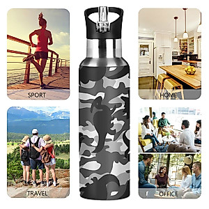 Black Camouflage and Dinosaurs Insulated Water Bottle with Straw, Stainless Steel BPA Free Water Flask Gym Sport, 20 oz Hot Cold