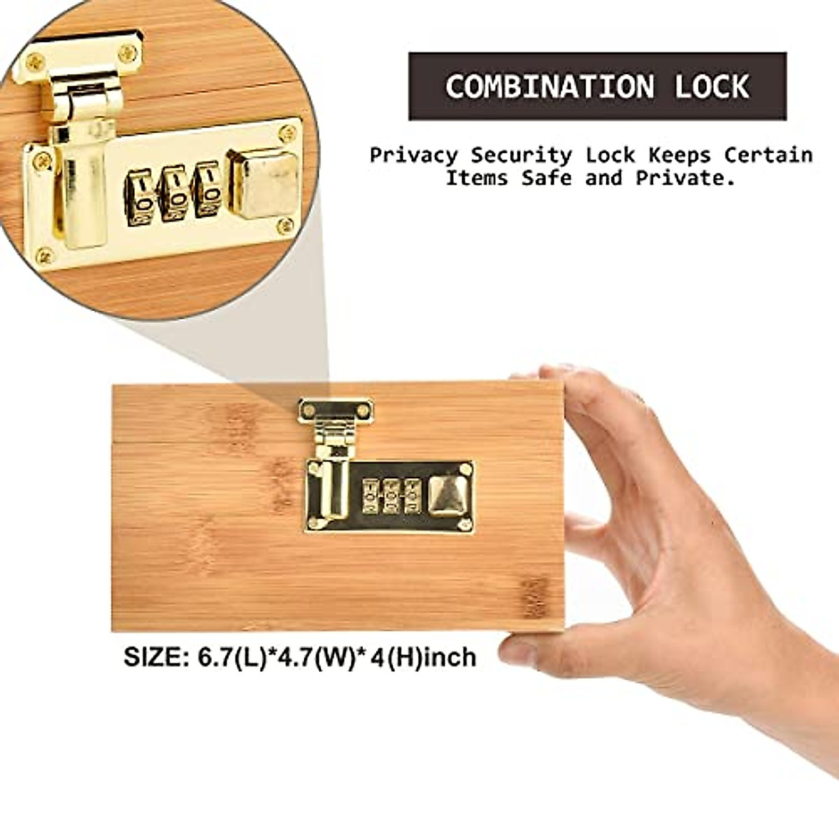 Bamboo Box with Combination Lock Decorative box for Home Locking Storage Bamboo Box Set with Glass Jar Tray Great Gift (M)