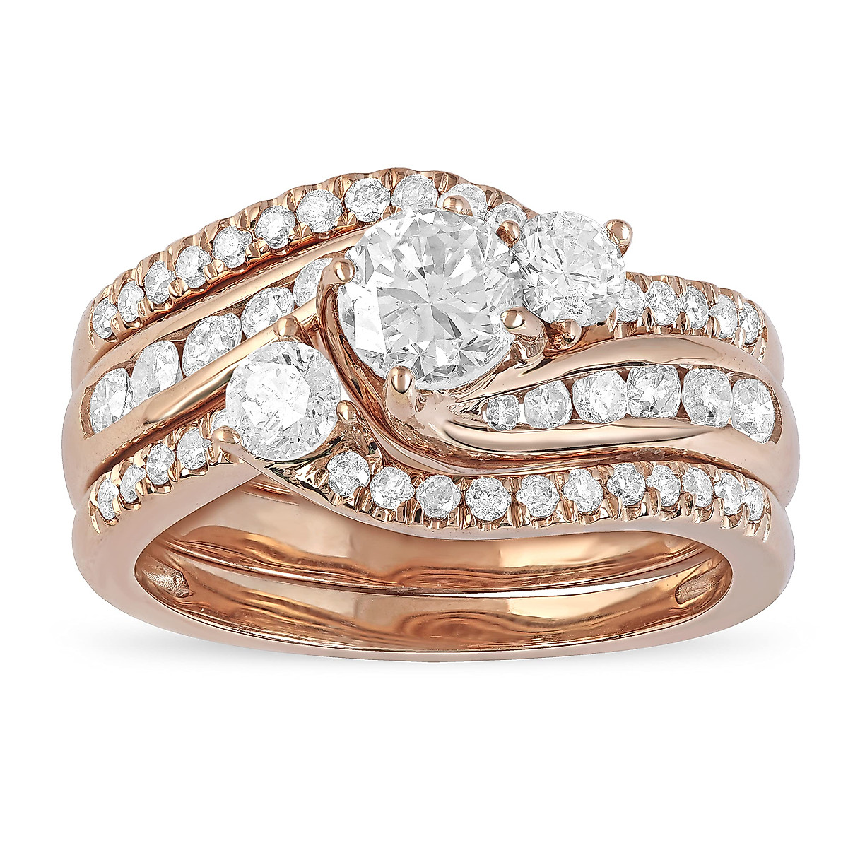 DZON IGI Certified 10K Rose Gold 1 1/4CT TDW Round Cut Diamond Bypass Engagement Ring Set for Women (I-J, I2) (6.5)