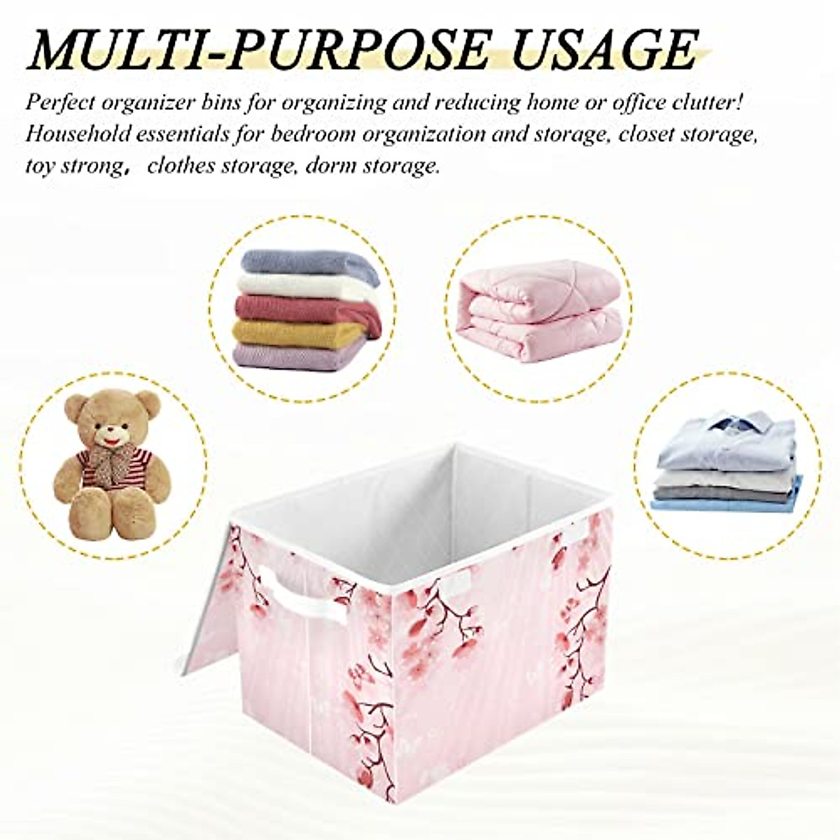 TSENQUE Cherry Blossom Foldable Storage Boxes with Lids Decorative Storage Box Container for Home Bedroom Closet Office Nursery 16.5" L x 12.6" W x 11.8" H