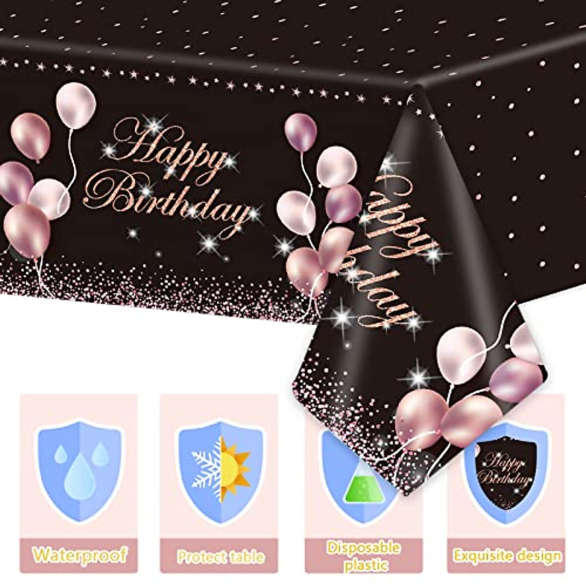 3 Pieces Black Rose Gold Birthday Tableclothes Rose Gold and Black Birthday Party Table Covers for Girls Women Plastic Pink Rose Gold Tablecloth for Birthday Party Decorations Supplies 54X108inch