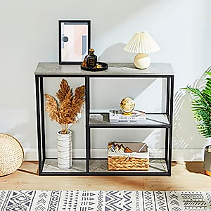 WOHOMO Console Table, 12 Inch Narrow Sofa Table with 3-Tier Storage Shelves, 40 Inch Industrial Entryway Table for Living Room, Corridor, Hallway, Grey Marble