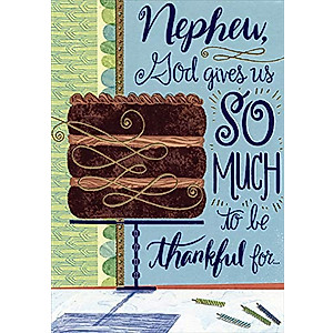 Designer Greetings Chocolate Layer Cake and Gold Foil Swirls Religious Birthday Card for Nephew