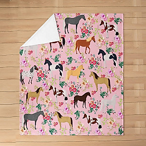 Horse Flannel Fleece Throw Blanket for Sofa Couch Girls Boys Kids 40"x50" Cute Animal Horses Flowers All Season Bed Blanket Room Decorations Horse Lovers Fuzzy Blanket Farmhouse Pink Plush Blanket
