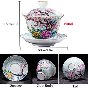 Ameolela Chinese Traditional Teaware Handmade Enamel Painted Porcelain Tea Cup Gaiwan Kungfu Tea bowl with Lid and Saucer - 5oz/150ml