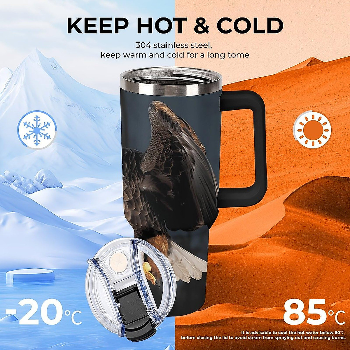QWJKM Bald Eagle Tumbler with Handle Large Insulated Car Cup 40 OZ Stainless Steel Travel Mug Leak Proof Water Bottle with Lid And Straw for Car Home Office Gifts