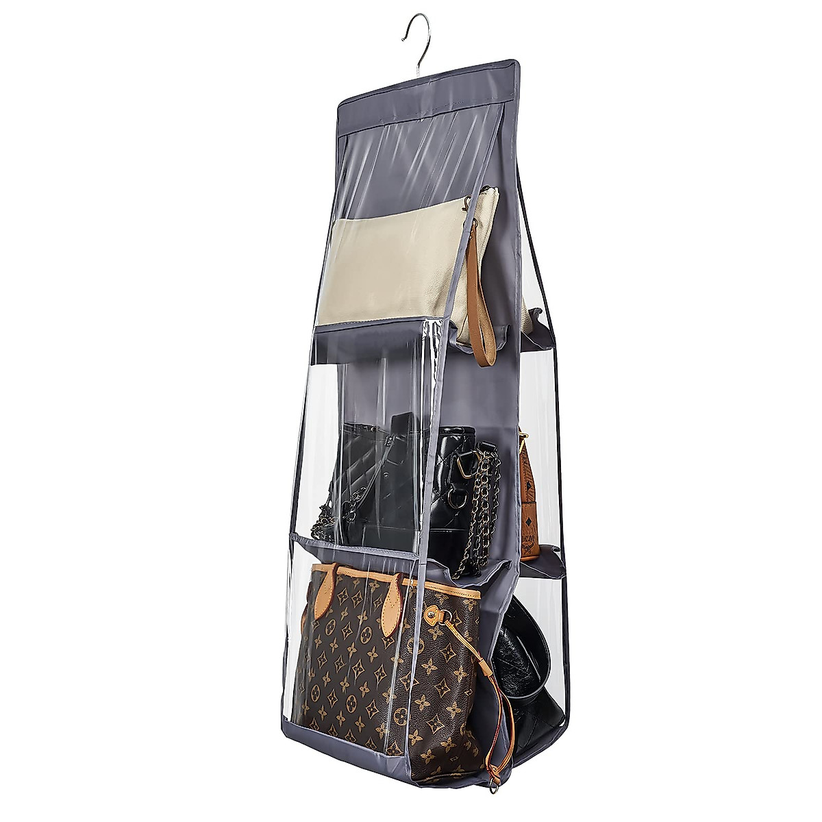 Vercord Hanging Purse Organinzer Handbag Tote Hanger Closet Dustproof Storage Bag with Six Pockets Grey