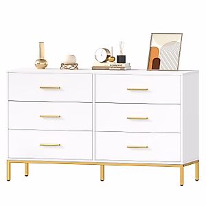 Keehusux 6 Drawer Dresser for Bedroom, Chest of Drawers with Gold Handles and Legs, Modern Dresser with 6 Drawers, Wide TV Dresser for Living Room, Hallway, Closet, White KES001WDG